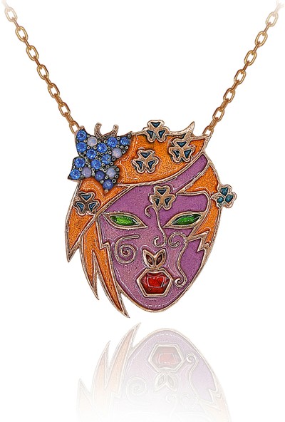 Takı Boom Opal Taşlı Renkli Mineli Japon Maske Gümüş Kolye