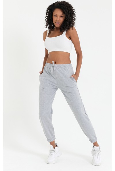 Comeor Kadın Gri Paçası Lastikli Basic Jogger Örme Eşofman Altı