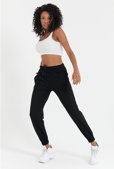 Comeor Kadın Siyah Paçası Lastikli Basic Jogger Örme Eşofman Altı