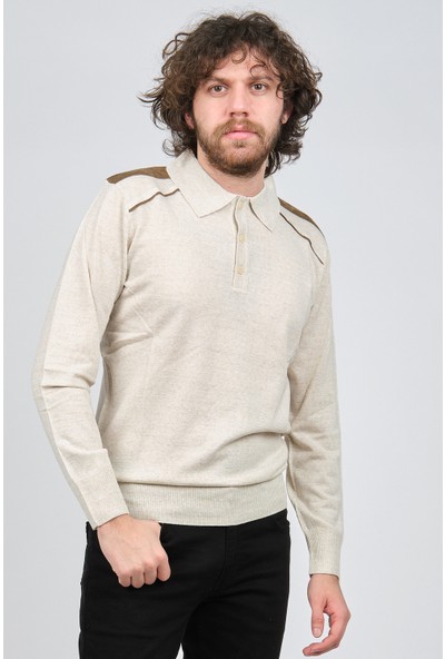 Mısırlı Erkek Omuz Detaylı Polo Yaka Yün Kazak 3869160 Bej