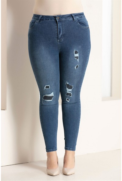 Rmg Yırtıklı Desenli Kot Pantolon Mavi