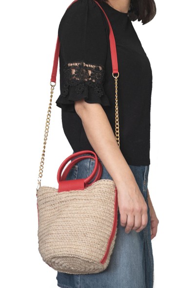 kavshak Kırmızı Suni Deri Saplı Metal Askılı Basket Jüt Çanta