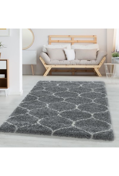 Ayyıldız Desenli Shaggy Halı Yumuşak Karo Desenli Gri Beyaz Renklerde