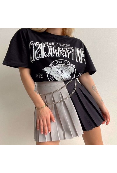 Eymen Boutıque - Kadın Gri-Siyah Pileli Etek