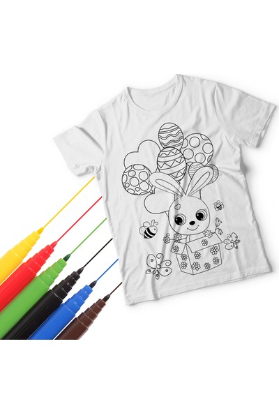 T-Moni Design Boyanabilir Sevimli Tavşan Desenli Kız Çocuk Tişörtü + Faber Castell 6'lı Keçeli Kalem Seti T-Moni Design Boyanabilir Sevimli Tavşan Desenli Kız Çocuk Tişörtü + Faber Castell 6'lı Keçeli Kalem Seti