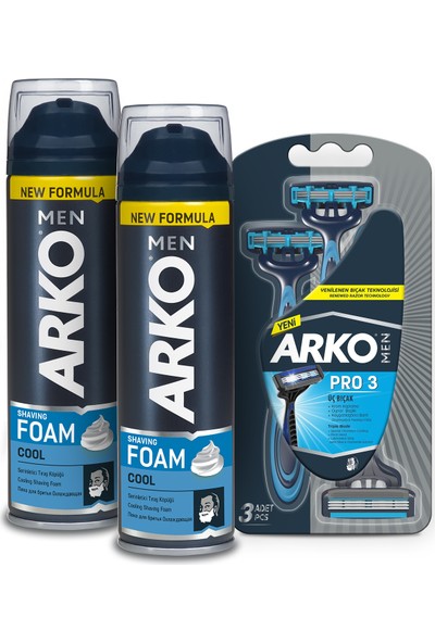 Arko Men Cool Tıraş Köpüğü 2 x 200 ml ve Arko Men T3 Tıraş Bıçağı 3'lü Arko Men Cool Tıraş Köpüğü 2 x 200 ml ve Arko Men T3 Tıraş Bıçağı 3'lü