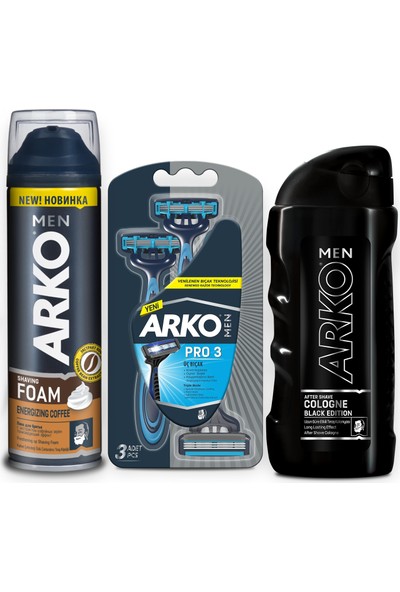 Arko Men Coffee Tıraş Köpüğü 200 ml ve Arko Men T3 Tıraş Bıçağı 3'lü ve Black Tıraş Kolonyası 250 ml Arko Men Coffee Tıraş Köpüğü 200 ml ve Arko Men T3 Tıraş Bıçağı 3'lü ve Black Tıraş Kolonyası 250 ml