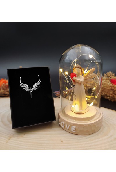 VegaGiftShop Işıklı Kalp Tutan Melek Love Cam Fanus & Mikail Melek Kolye Set