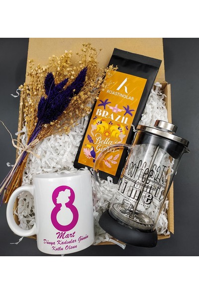VegaGiftShop Dünya Kadınlar Gününe Özel Kupa&siyah C/t French Press&a Roastling Lab Kahve&mini Buket Set VegaGiftShop Dünya Kadınlar Gününe Özel Kupa&siyah C/t French Press&a Roastling Lab Kahve&mini Buket Set