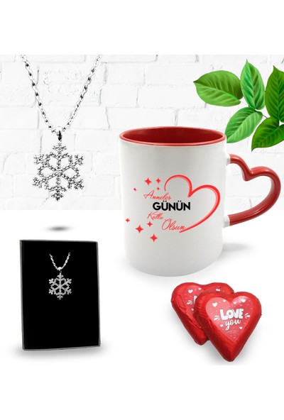 VegaGiftShop Anneler Günü Kupa & Kar Tanesi Kolye & Kalp Çikolata Set