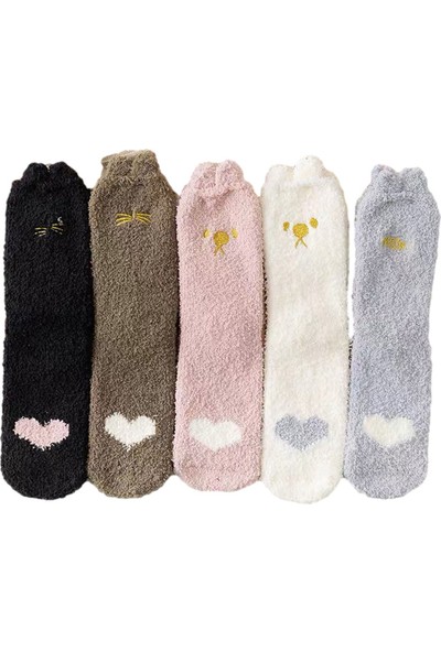 Pipitu Çorap 5 Çift Kadın Mercan Polar Güzel Sıcak Tutun Tüysüz Kalın Uyku Kat Çorap