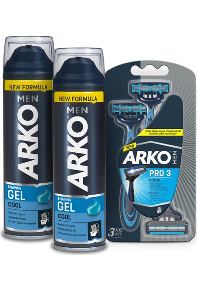 Arko Men Cool Tıraş Jeli 2 x 200 ml ve Arko Men T3 Tıraş Bıçağı 3'lü Arko Men Cool Tıraş Jeli 2 x 200 ml ve Arko Men T3 Tıraş Bıçağı 3'lü