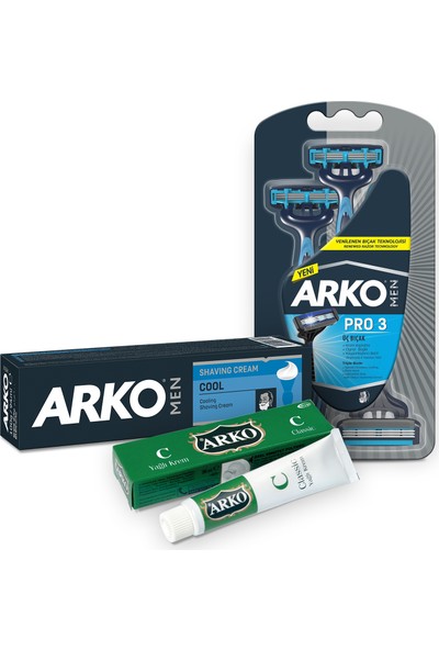 Arko Men Tıraş Kremi Cool 100 ml ve Arko Men T3 Tıraş Bıçağı 3'lü ve Arko Klasik Yağlı Krem 20CC Arko Men Tıraş Kremi Cool 100 ml ve Arko Men T3 Tıraş Bıçağı 3'lü ve Arko Klasik Yağlı Krem 20CC