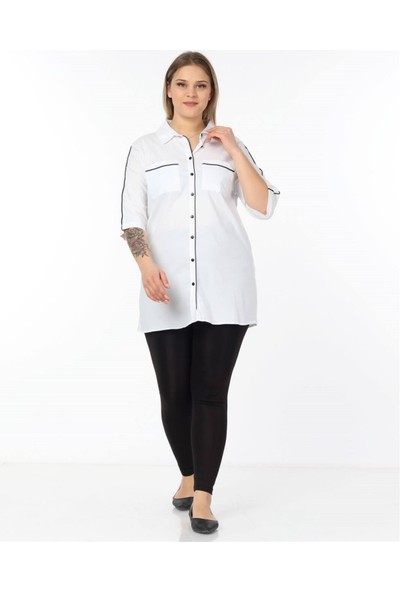 Moda Minerva Beyaz Likralı Viskon Büyük Beden Gömlek 1Y5403BD