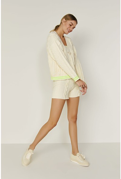 Join Us Saç Örgülü Beli Lastikli Triko Şort-Ekru