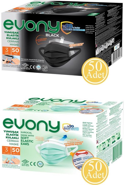 Evony Siyah Elastik Kulaklı Maske 50 Adet + Evony Yeşil Elastik Kulaklı Maske 50 Adet Evony Siyah Elastik Kulaklı Maske 50 Adet + Evony Yeşil Elastik Kulaklı Maske 50 Adet
