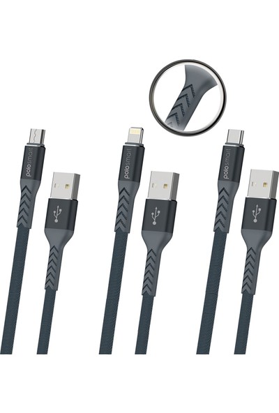 Polosmart PSM92 3'lü Hızlı Şarj ve Data Kablo Seti 50 cm Gri