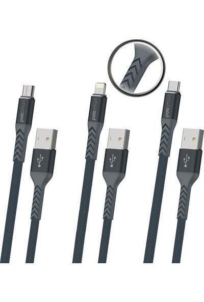 Polosmart PSM93 3'lü Hızlı Şarj ve Data Kablo Seti 1.2m Gri