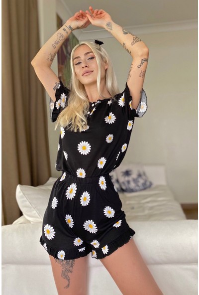 Pijama Evi Papatya Desenli Örme Kısa Kol Şortlu Pijama Takımı
