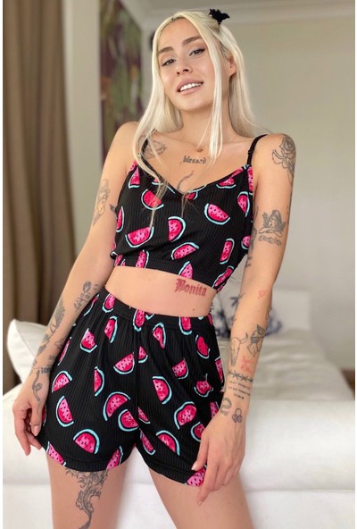 Pijama Evi Karpuz Desenli Şortlu Bustiyer Pijama Takım