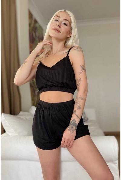 Pijama Evi Siyah Şortlu Bustiyer Pijama Takım