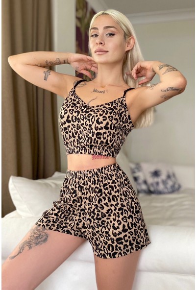 Pijama Evi Leopar Desenli Şortlu Bustiyer Pijama Takım
