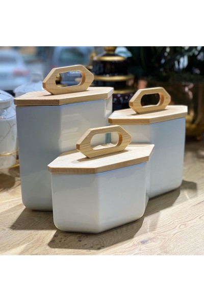 Onedekor 3'lü Prizma Lüks Ahşap Kapaklı Kavanoz Beyaz