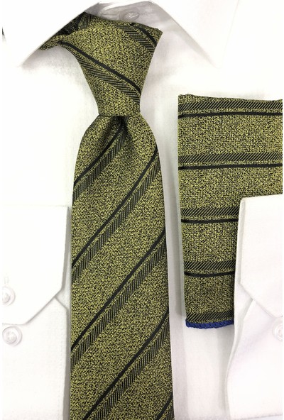 Quesste Erkek Yeşil Çizgili Desenli Kravat Mendil Kombin Kutulu Hediye Set