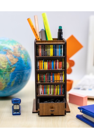 Quppa Masaüstü Kalemlik Kitaplık Görünümlü Çekmeceli Organizer Ahşap