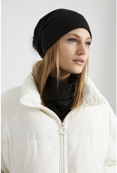 Butikgiz Kadın Genç Kız, Elit Siyah Kürk Ponponlu Şapka Bere Boyunluk Takım -Spor, Rahat, Pamuklu, Termal