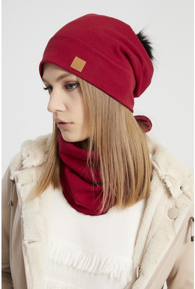 Butikgiz Kadın Genç Kız, Trend Kırmızı Kürk Ponponlu Şapka Bere Boyunluk Takım -Spor, Rahat, Pamuklu, Termal