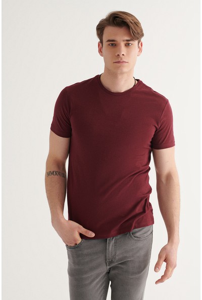Avva Erkek Koyu Bordo Bisiklet Yaka Düz T-Shirt E001000
