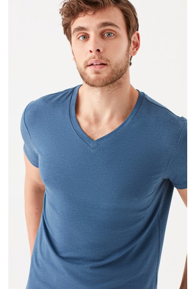 Mavi Erkek V Yaka Streç Mavi Basic Tişört 061748-18790