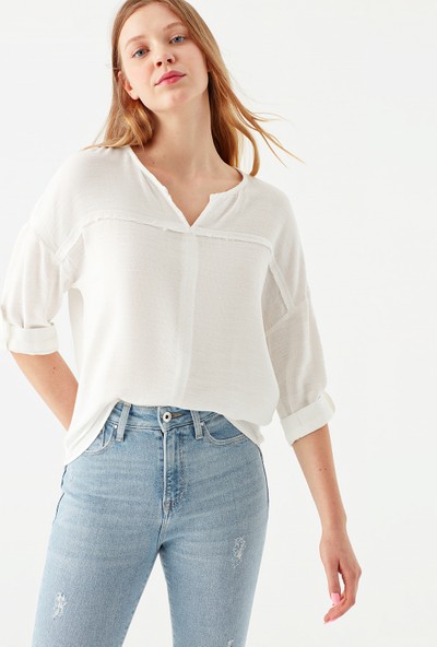 Mavi Kadın V Yaka Beyaz Bluz 121357-22937