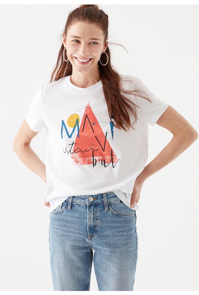 Mavi Kadın Üçgen Baskılı Beyaz İstanbul Tişört 168892-620