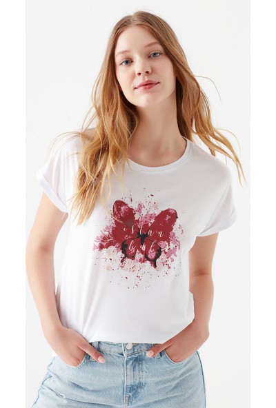 Mavi Kadın Kelebek Baskılı İstanbul Tişört 167576-620