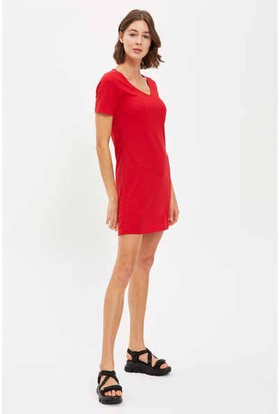 Defacto Basic V Yaka Yazlık Mini Tişört Elbise S6702AZ20HS