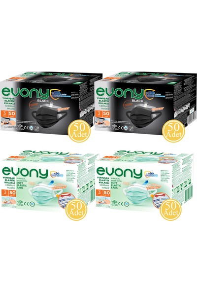 Evony Siyah Elastik Kulaklı Maske 100 Adet + Evony Yeşil Elastik Kulaklı Maske 100 Adet Evony Siyah Elastik Kulaklı Maske 100 Adet + Evony Yeşil Elastik Kulaklı Maske 100 Adet