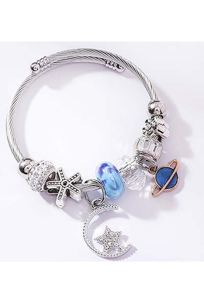 Chavin Mavi Satürn Ay Yıldız Charm Çelik Bayan Bileklik EK11MV