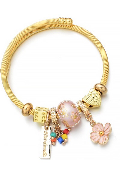 Chavin Pembe Çiçek Kalp Zar Charm Çelik Bayan Bileklik EK14PM Chavin Pembe Çiçek Kalp Zar Charm Çelik Bayan Bileklik EK14PM