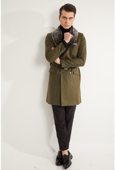 Fc Plus Yeşil Uzun Kürklü Kaşe Erkek Kaban - Slım Fıt