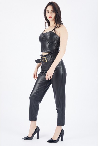 Sense Kemerli Yüksek Bel Yandana Gizli Fermuarlı Deri Pantolon | PNT33134
