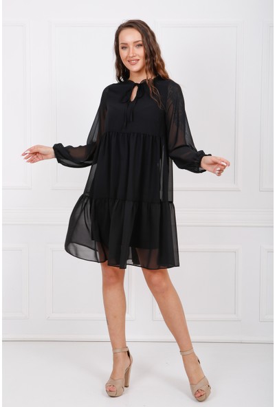 Sense Boyundan Bağlamalı Uzun Kol Şifon Içi Astarlı Elbise ELB32766