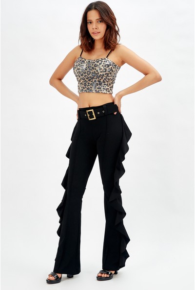 Sense Sarı Toka Kemerli Yandan Volanlu Scuba Krep PANTOLON_PNT32717