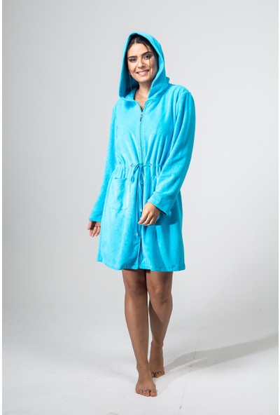 Hepisize Mavi Renkli Kapüşonlu Havlu Ev Elbise