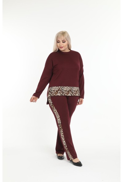 Modasehle Kadın Bordo Leopar Desenli Büyük Beden Eşofman Takım 11TKM265