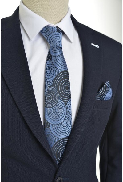 Brianze Geometrik Desen Açık Mavi Mendilli Kravat