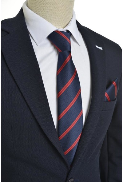 Brianze Kırmızı Çizgili Lacivert Mendilli Kravat Brianze Kırmızı Çizgili Lacivert Mendilli Kravat