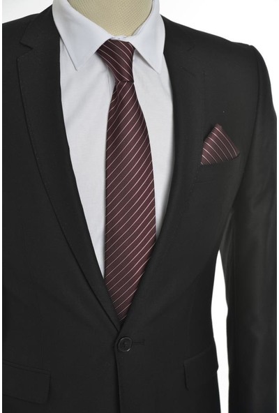Brianze Çizgili Desen Bordo Mendilli Kravat