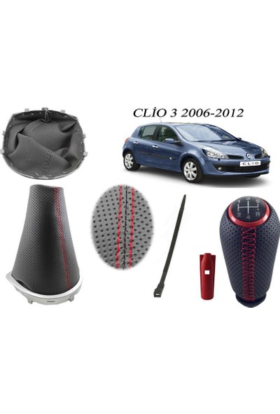 Vts Körük Renault Clio 3 Vites Körüğü ve Deri Topuzu Delikli Deri Kırmızı Dikiş + Deri Topuz Kırmızı Kapak